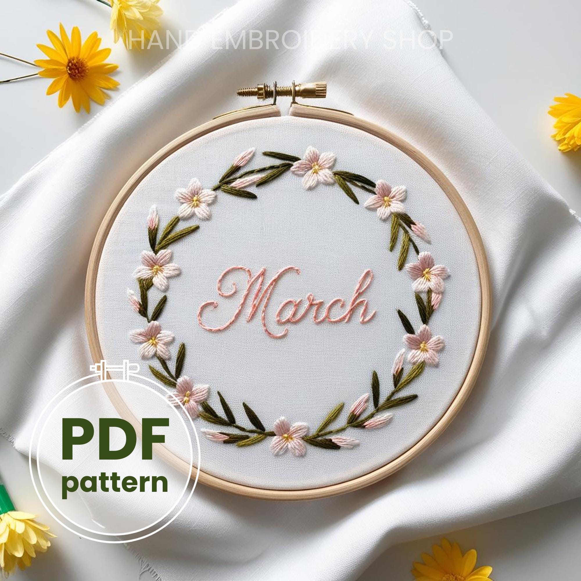 March Floral Wreath Embroidery Pattern: Spring DIY Stitch (digital ...