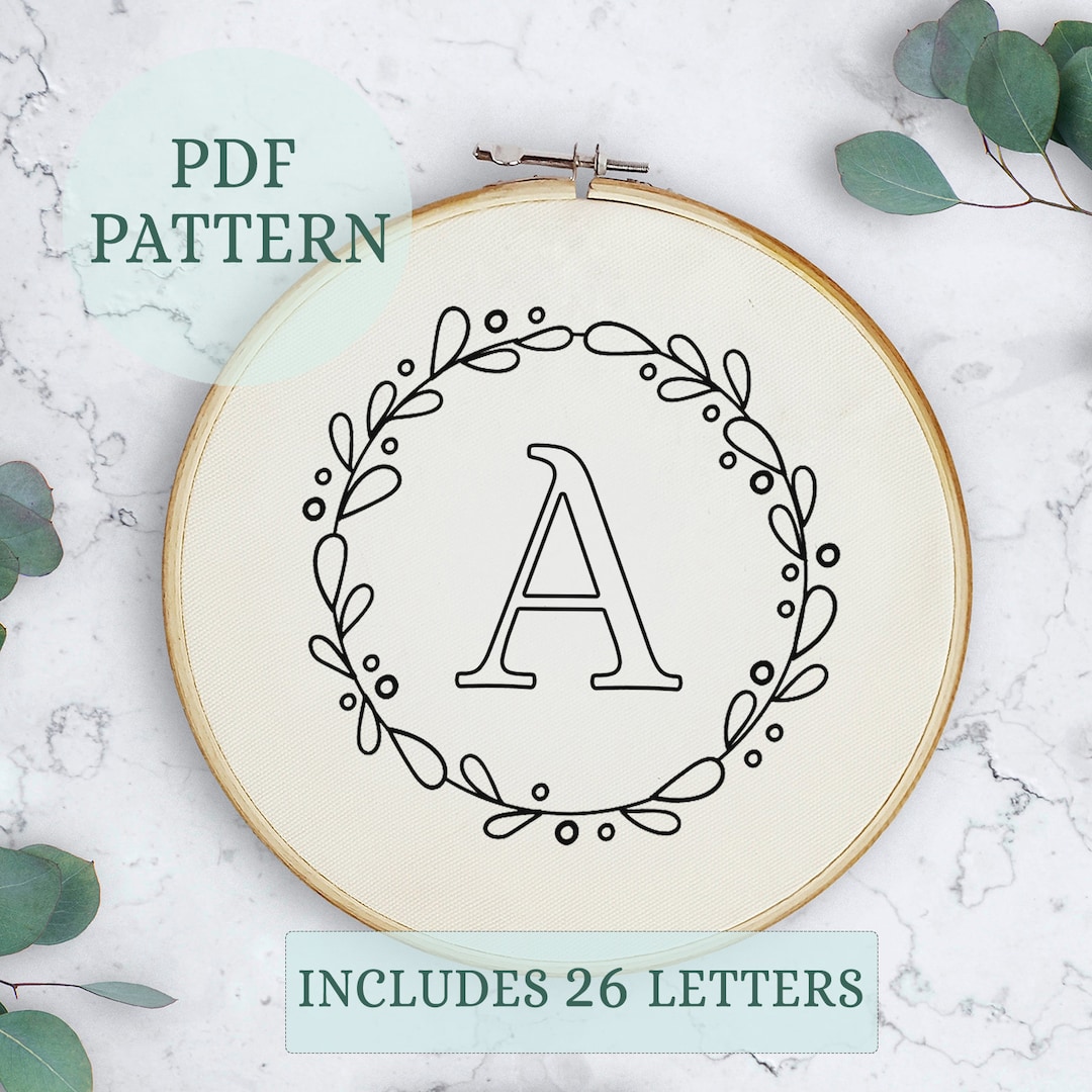 Monogram Embroidery Pattern Pdf, Initial With Floral Wreath, Complete ...