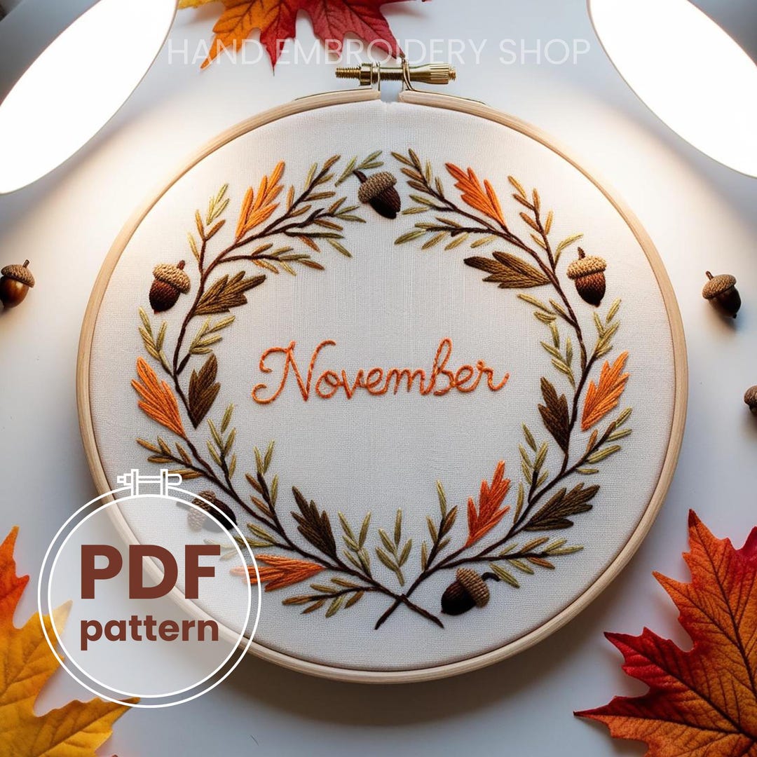 November Birth Wreath Embroidery Pattern Template, Botanical Embroidery ...