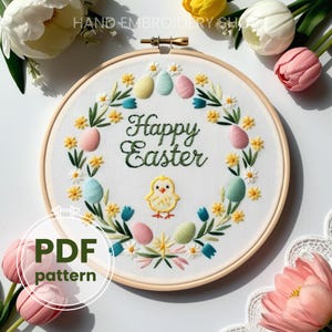 Easter Chick and Flower Hand Embroidery Pattern, DIY Spring Wreath ...