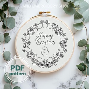 Easter Chick and Flower Hand Embroidery Pattern, DIY Spring Wreath ...