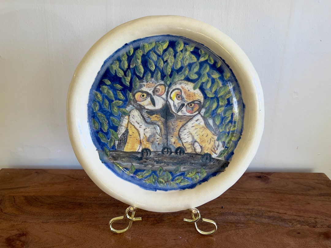 15 Hand Painted Owl Ceramic Platter, Snuggling Owls, Vintage, Studio ...