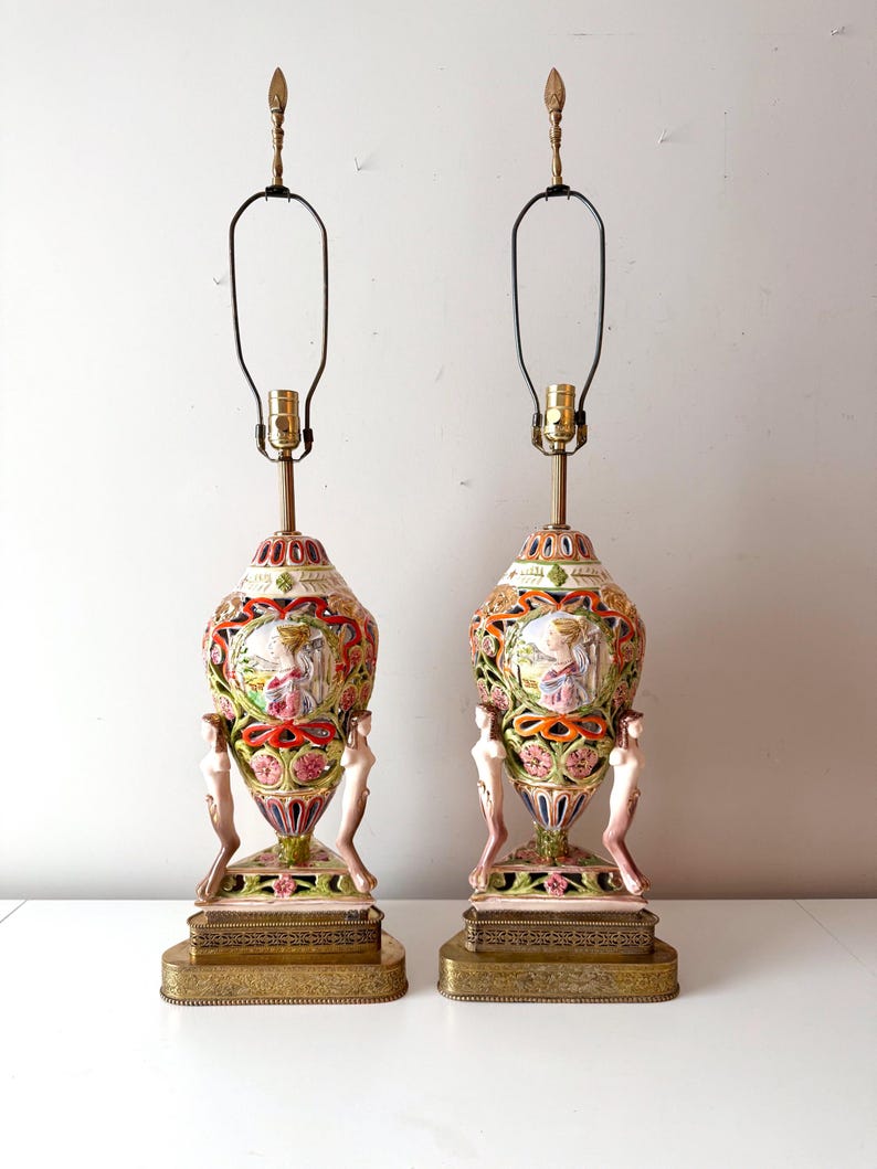 Pair of Italian Lady Porcelain Hand Painted Portrait Lamps With Brass ...