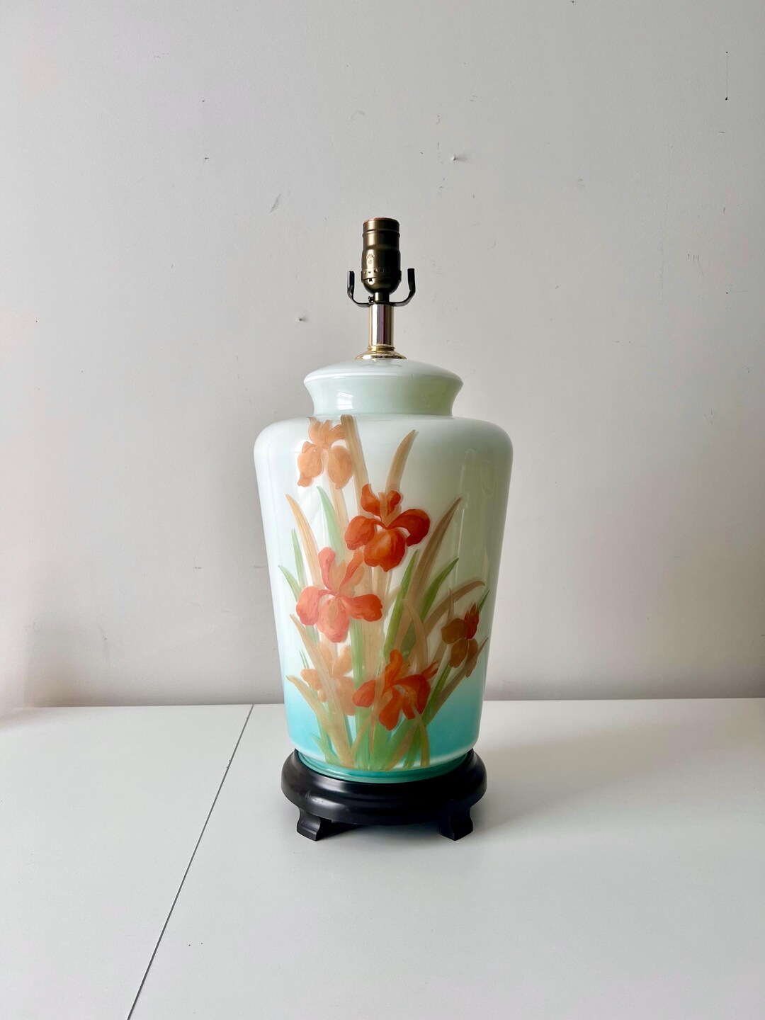 Iris Painted Blue Ombre Glass Table Lamp, Vintage 1980s Regency Style ...