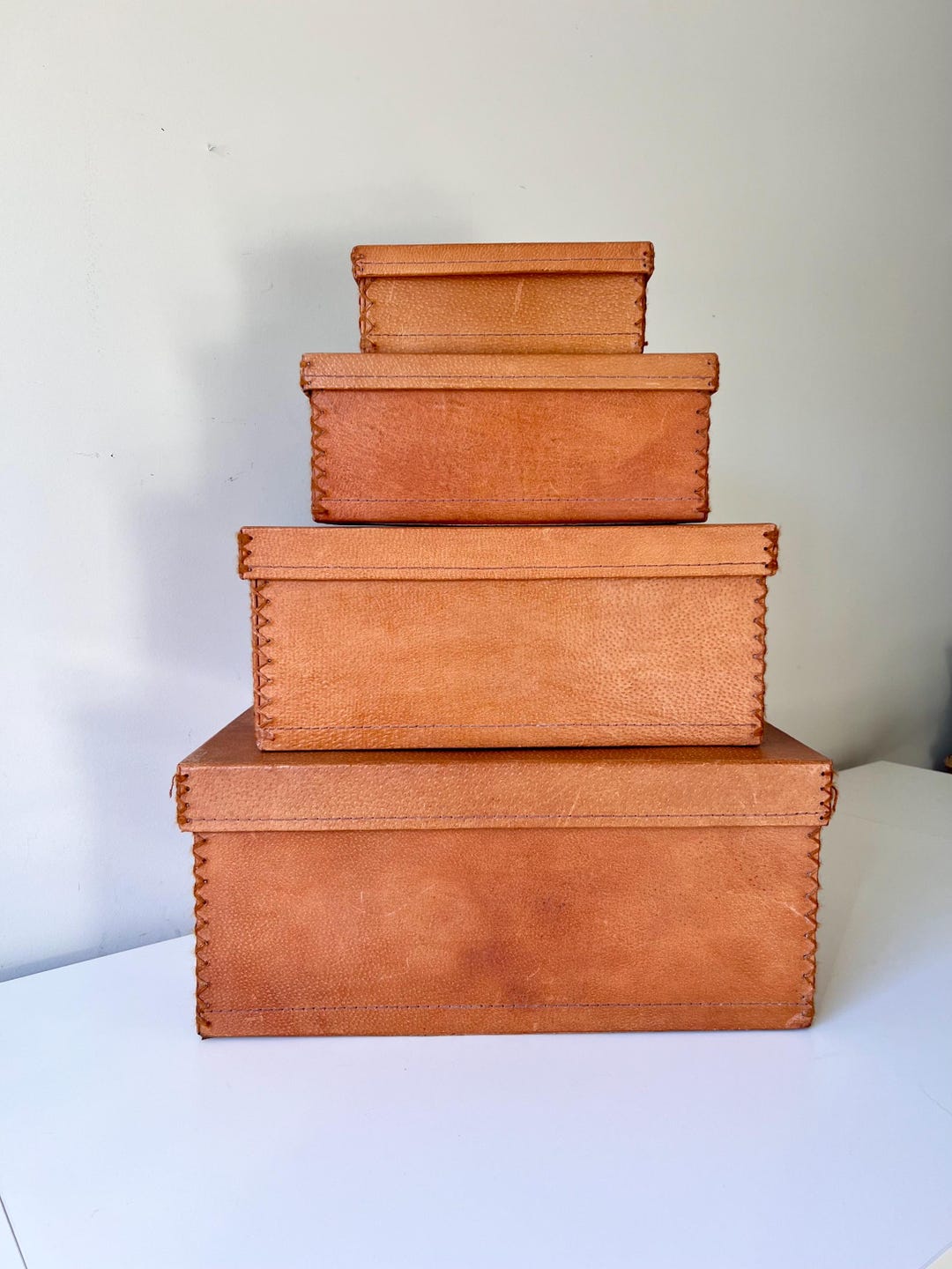 Vintage Brown Camel Tanned Leather and Velvet Nesting Box Set, Mid ...