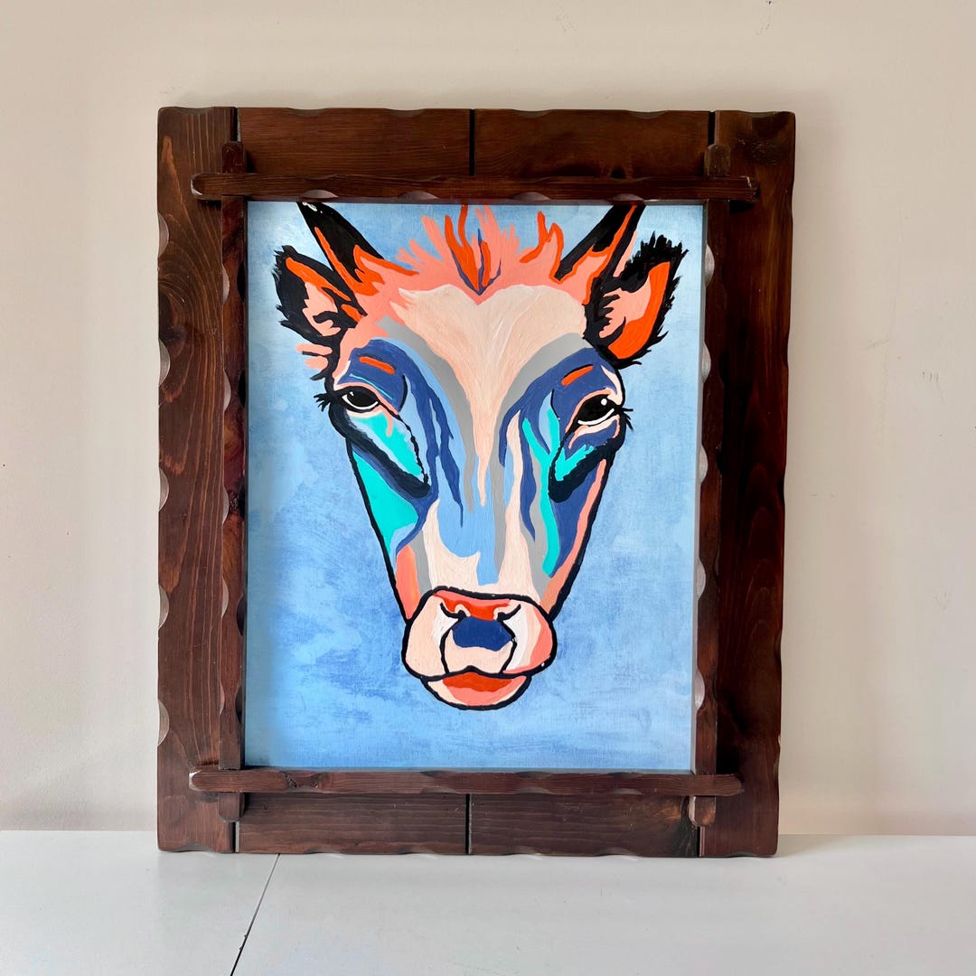 Western Pop Art Cow Painting in Tramp Art Wood Frame - Etsy