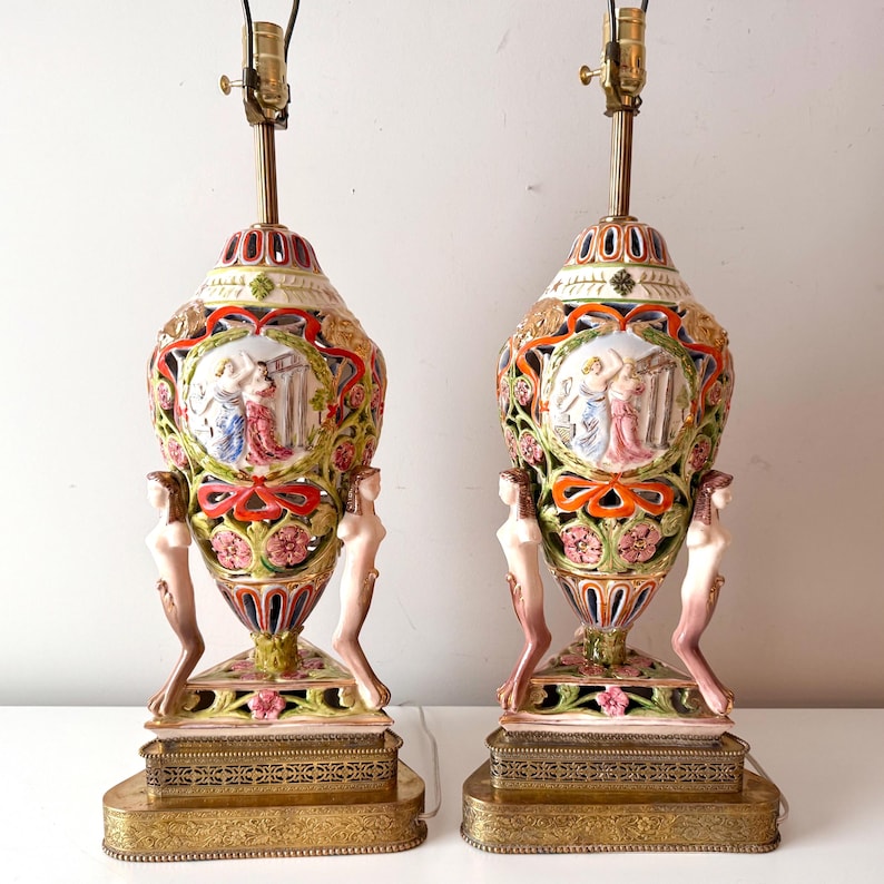 Pair of Italian Lady Porcelain Hand Painted Portrait Lamps With Brass ...