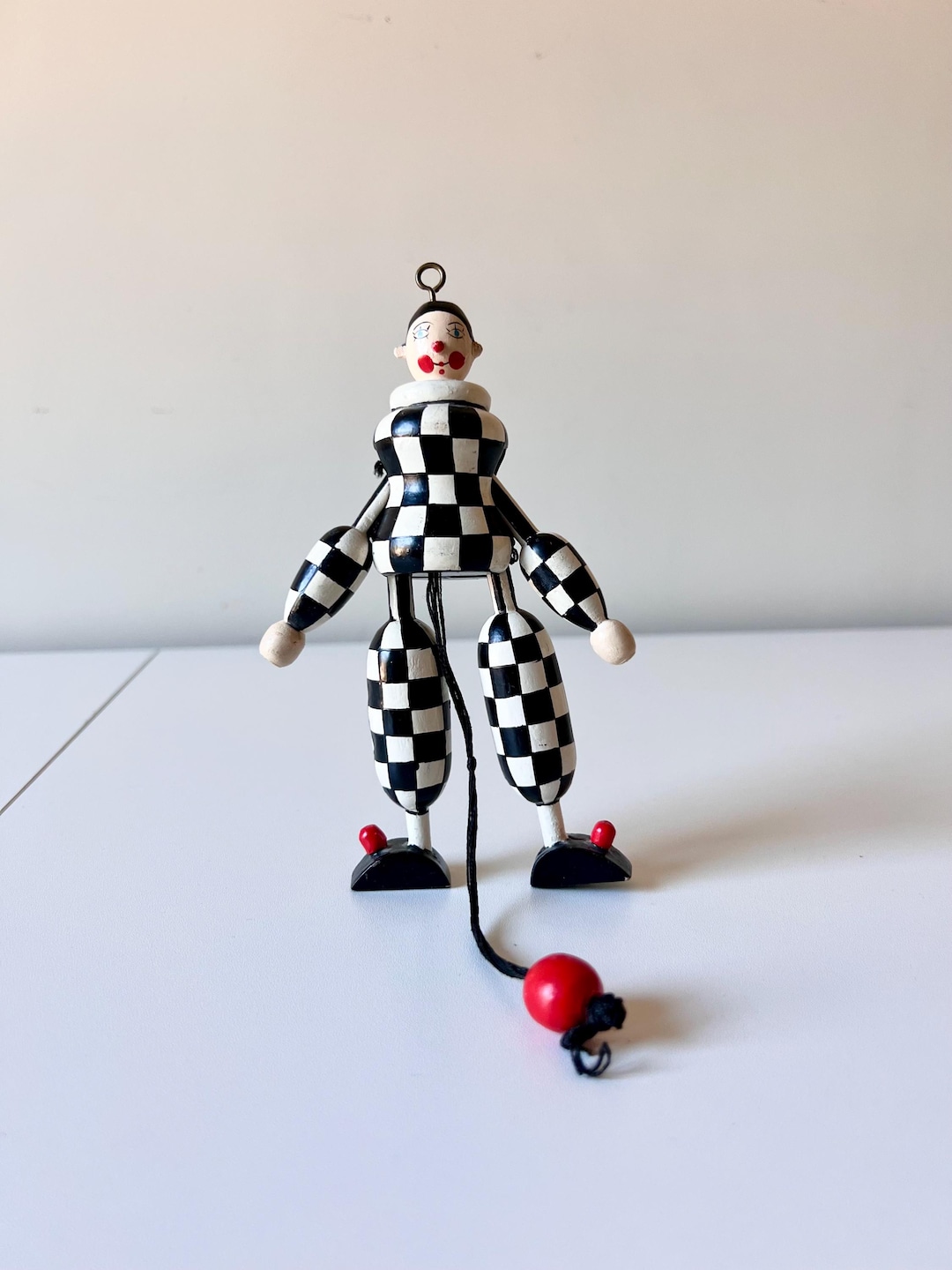 Harlequin Jester Black and White Checkered Wooden Pull Toy, Vintage ...
