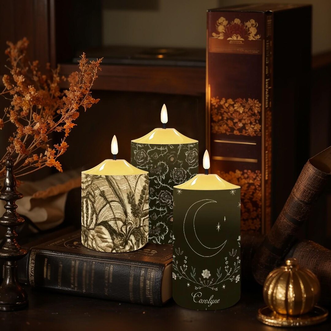 Personalized Custom Name Set of 3 Flameless Candles Goth Dark Academia ...