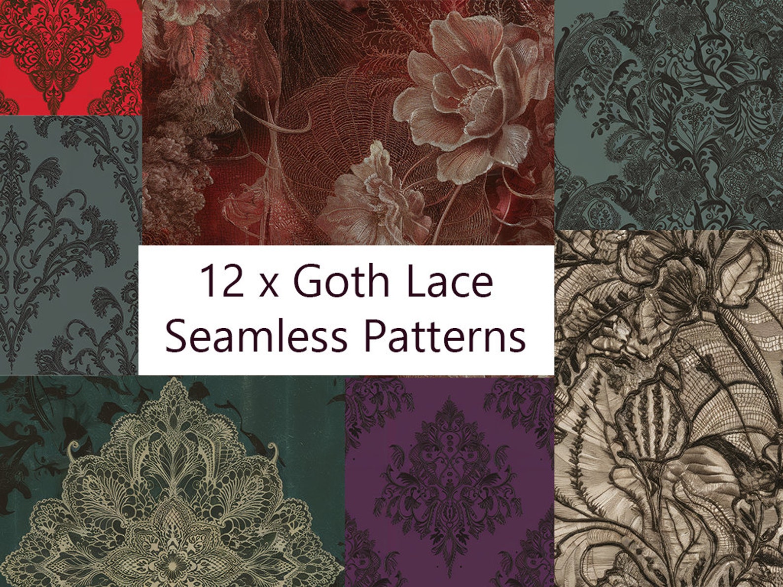 Goth Lace Seamless Patterns 12 X Tiles Bundle Full License, POD Instant ...