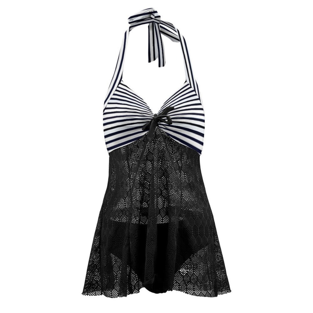 Vampire Art Goth Halter Two Piece Mesh Tankini Swimsuit Black and White ...