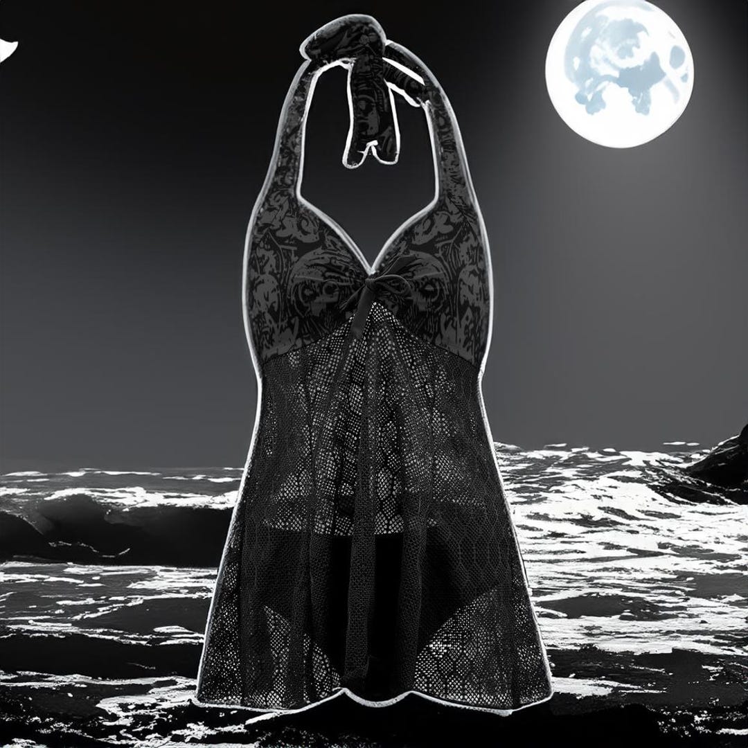 Vampire Art Dark Goddess Goth Halter Two Piece Mesh Skirt Tankini ...