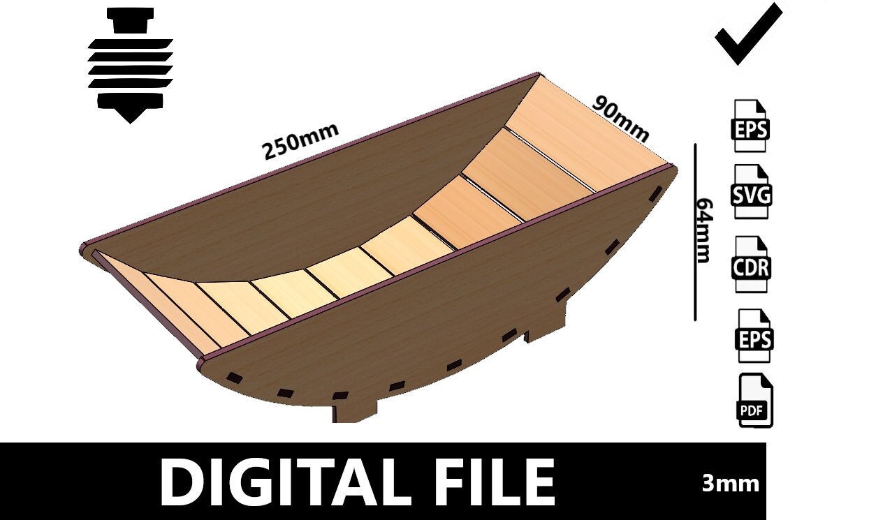 Curved MDF Tray 3mm Vector Dxf Cdr Wooden Box 250x90x60 - Etsy