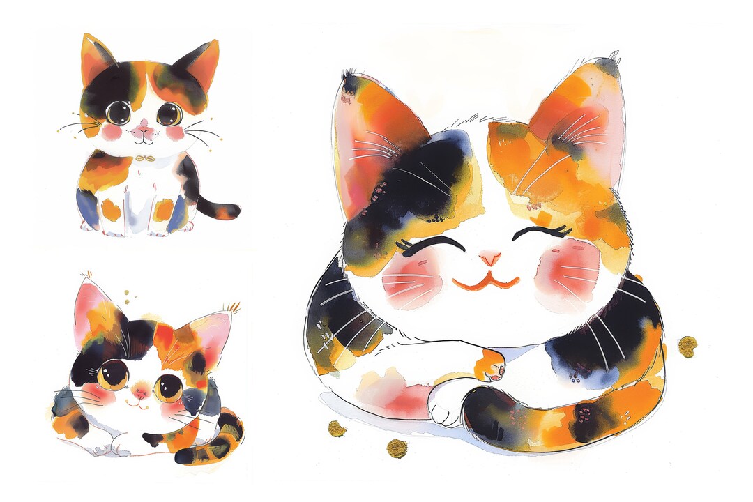 9 Watercolor Cute Cat Clipart Japanese Design Stickers Printable ...