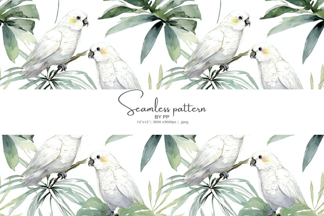 White Cockatoo Tropical Seamless Pattern, Watercolor Bird and Jungle ...