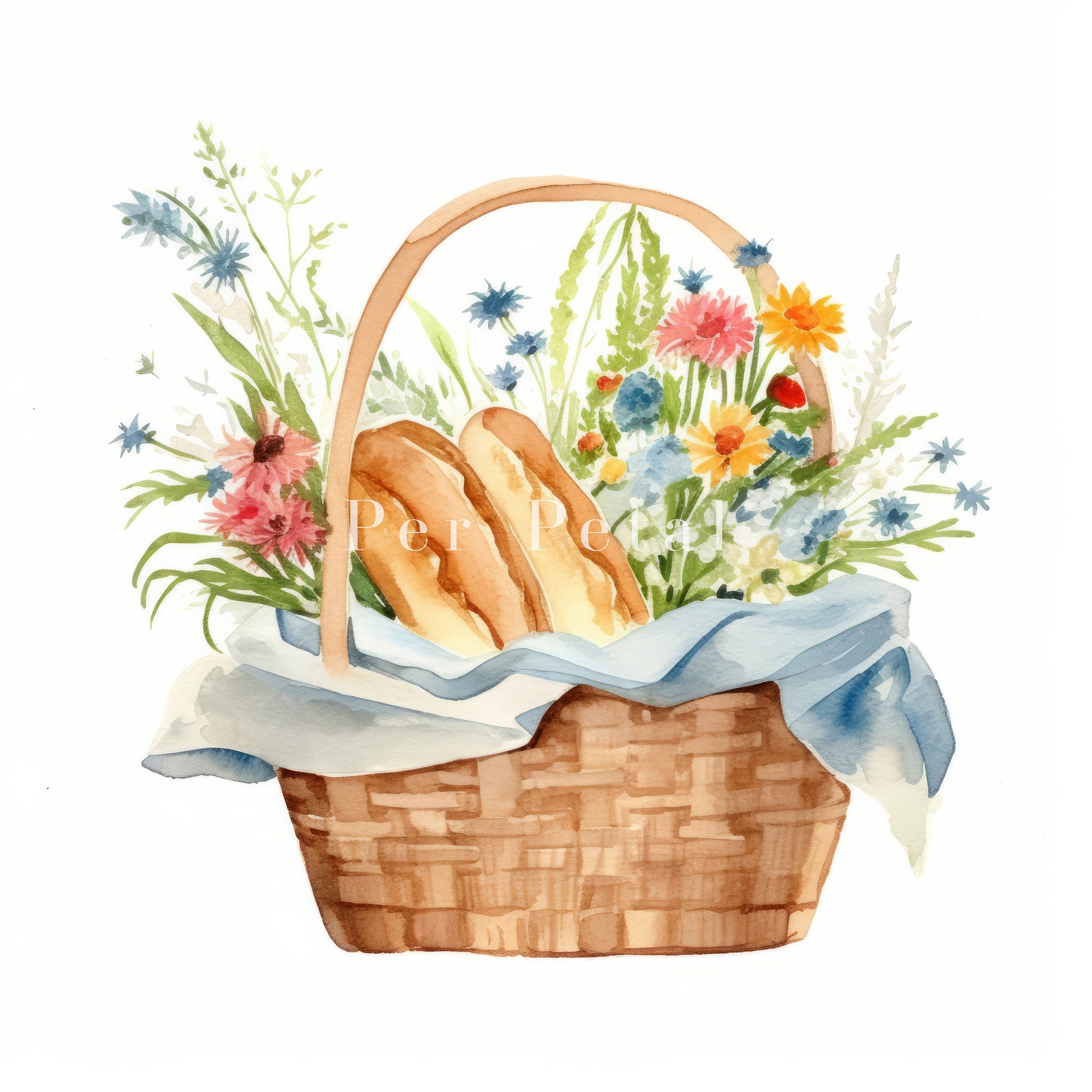 9 Watercolor Picnic Basket Clipart Watercolor Fresh Baguette Clipart ...