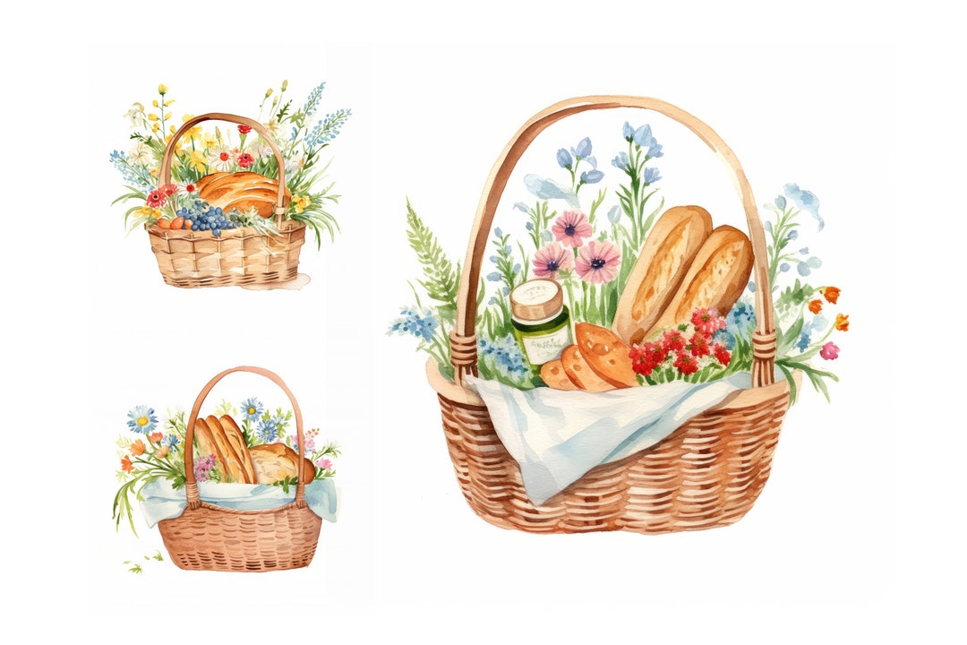 9 Watercolor Picnic Basket Clipart Watercolor Fresh Baguette Clipart ...