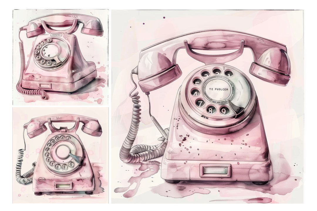 9 Watercolor Pink Phone Clipart Vintage Phone Clipart Stickers ...