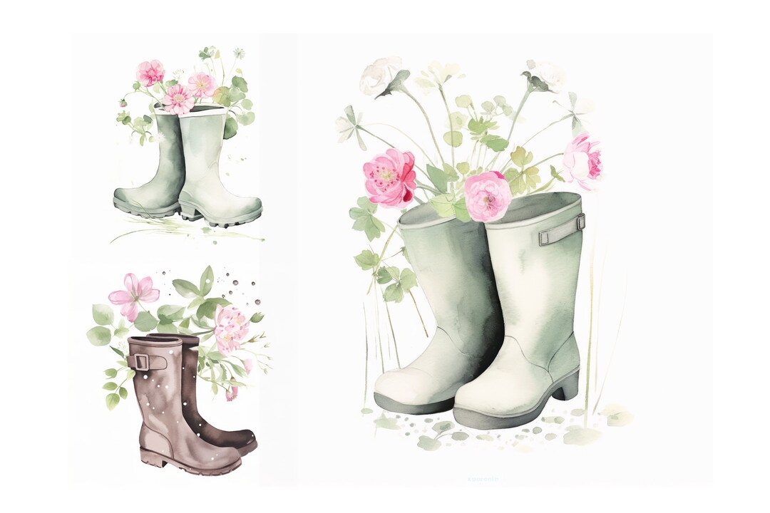 9 Watercolor Spring Clipart Flowers in Boots Clipart Watercolor Rain ...