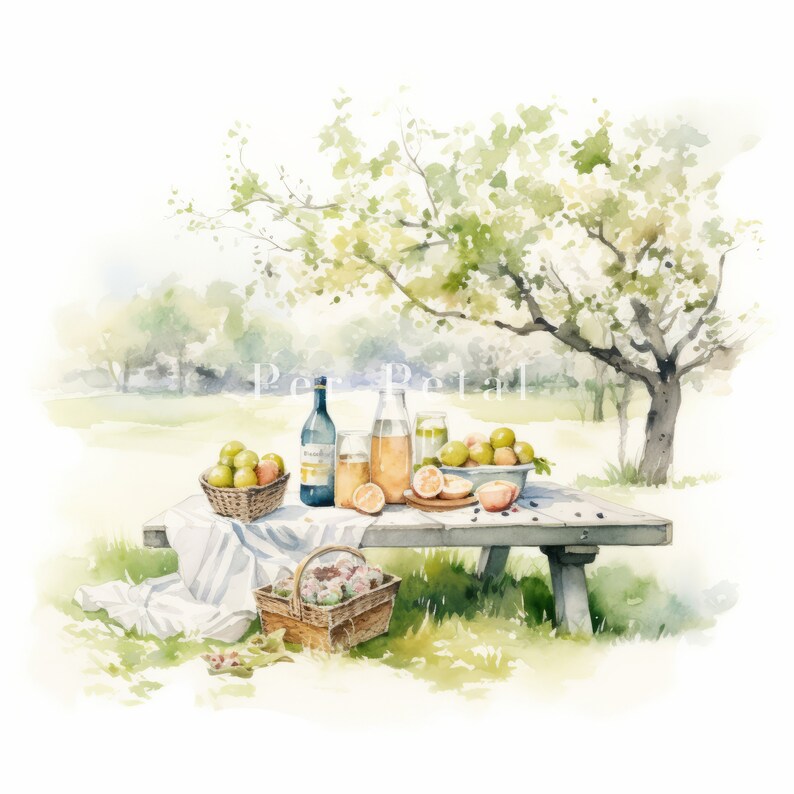 9 Watercolor Spring Picnic Scene Clipart Blooming Trees Clipart Bird ...