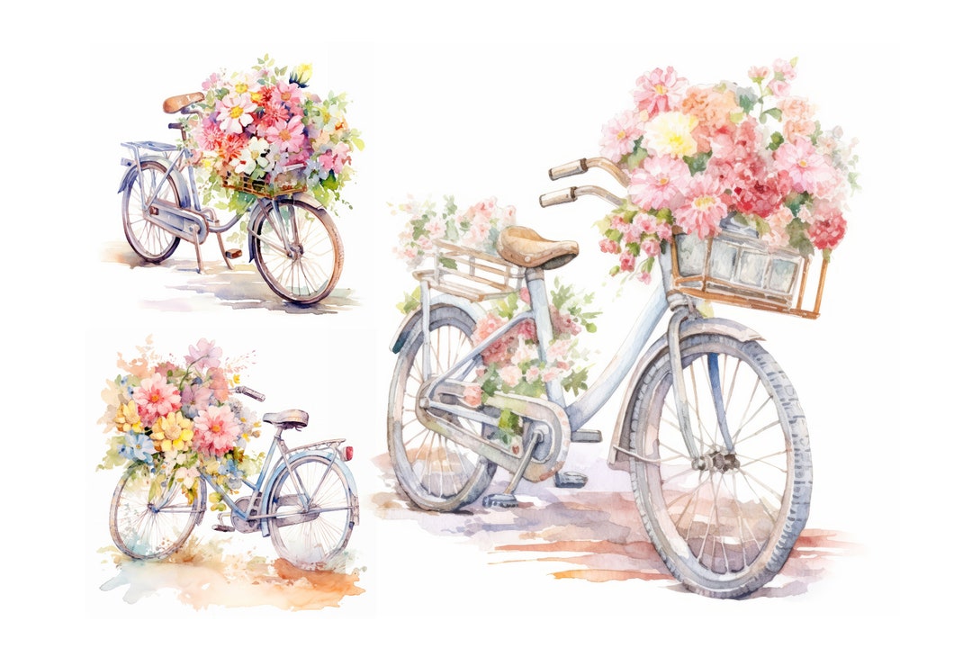 9 Watercolor Spring Clipart Garden Clipart Bicycle With Flowers Clipart ...