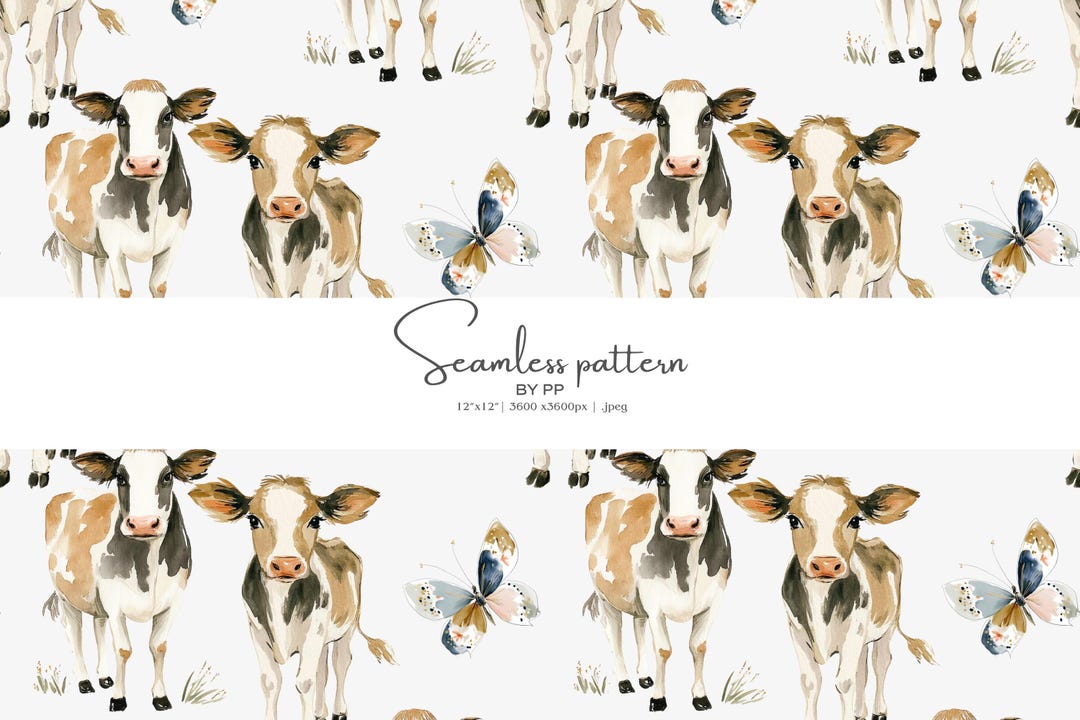 Cow Seamless Pattern, Watercolor Calf Repeating Design With Butterflies ...