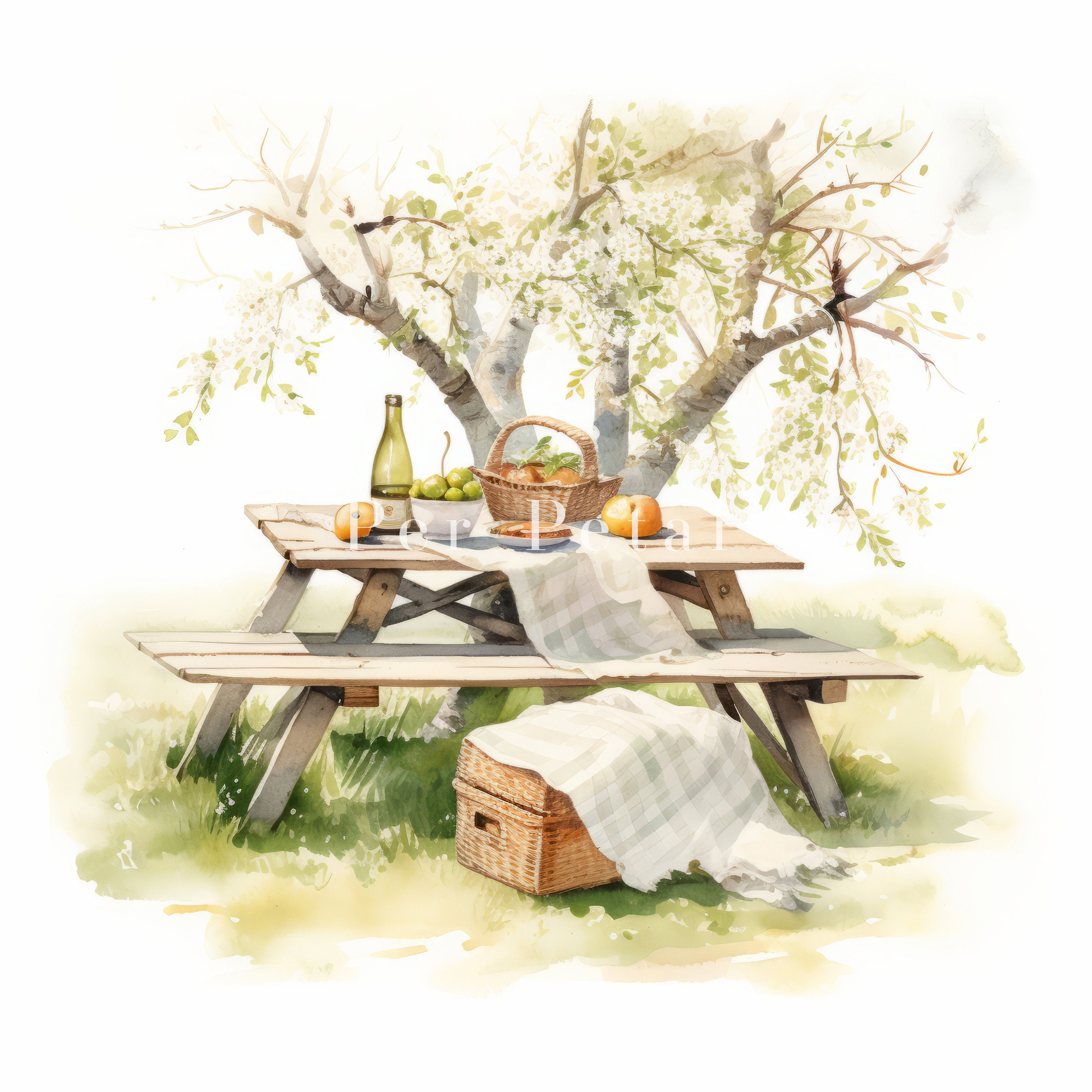 9 Watercolor Spring Picnic Scene Clipart Blooming Trees Clipart Bird ...