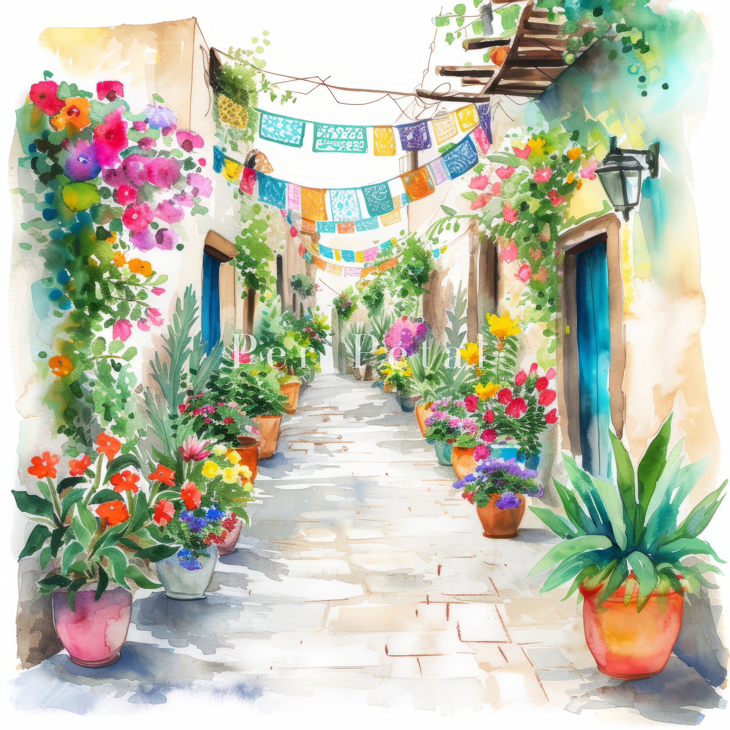 9 Watercolor Mexican Street Graphic, Fiesta Colorful Illustration ...