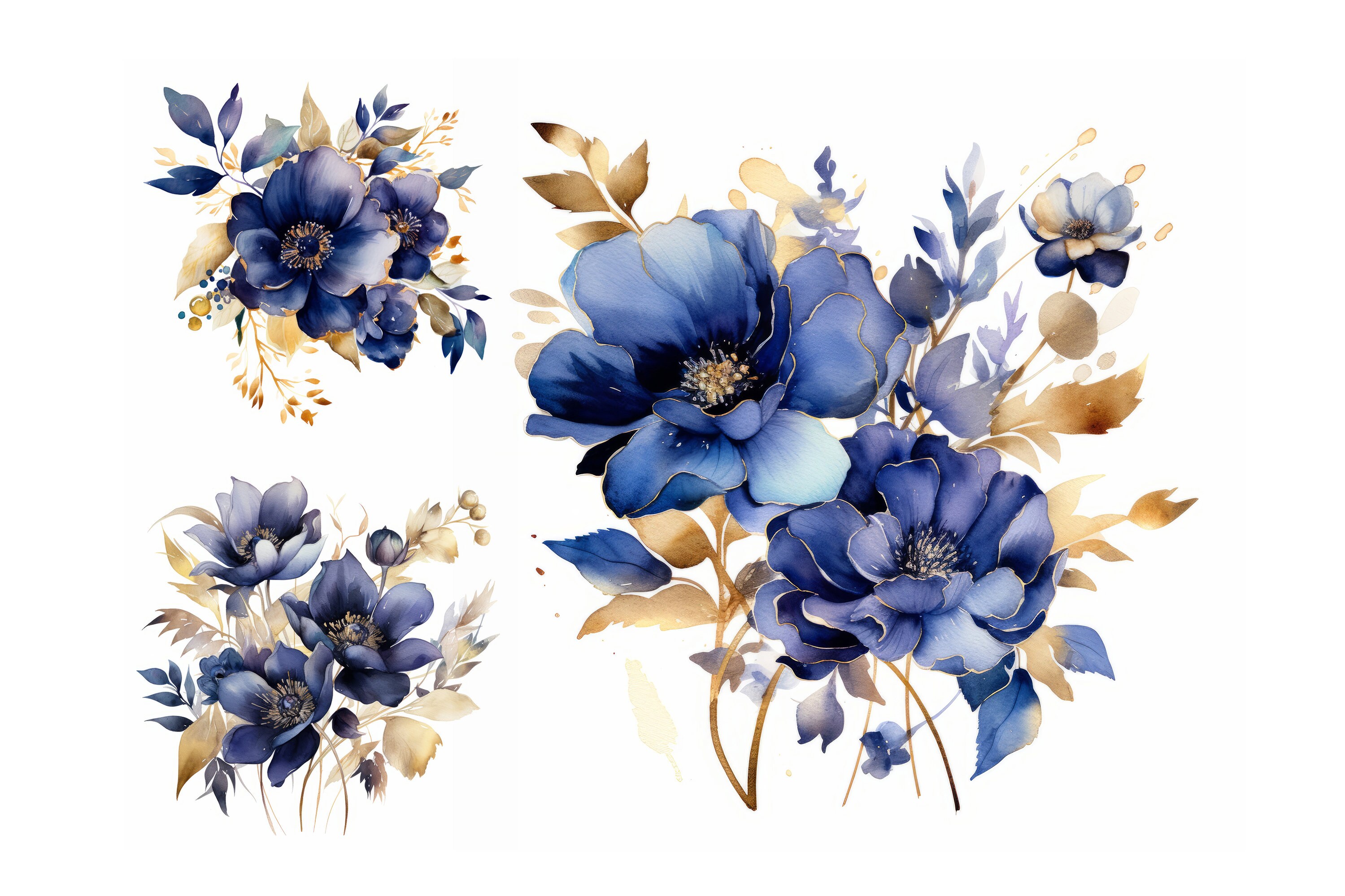 9 Watercolor Navy Flower Clipart Golden Leaf High Quality Jpgs Card ...