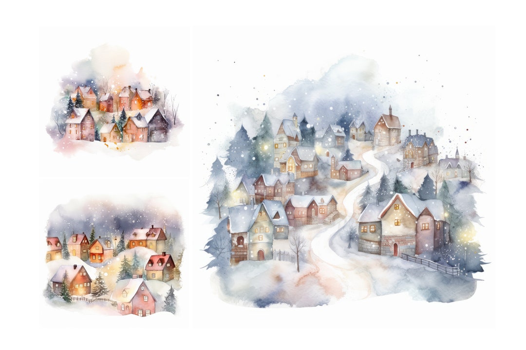9 Watercolor Winter Houses Clipart Digital Download Card Making Mixed ...