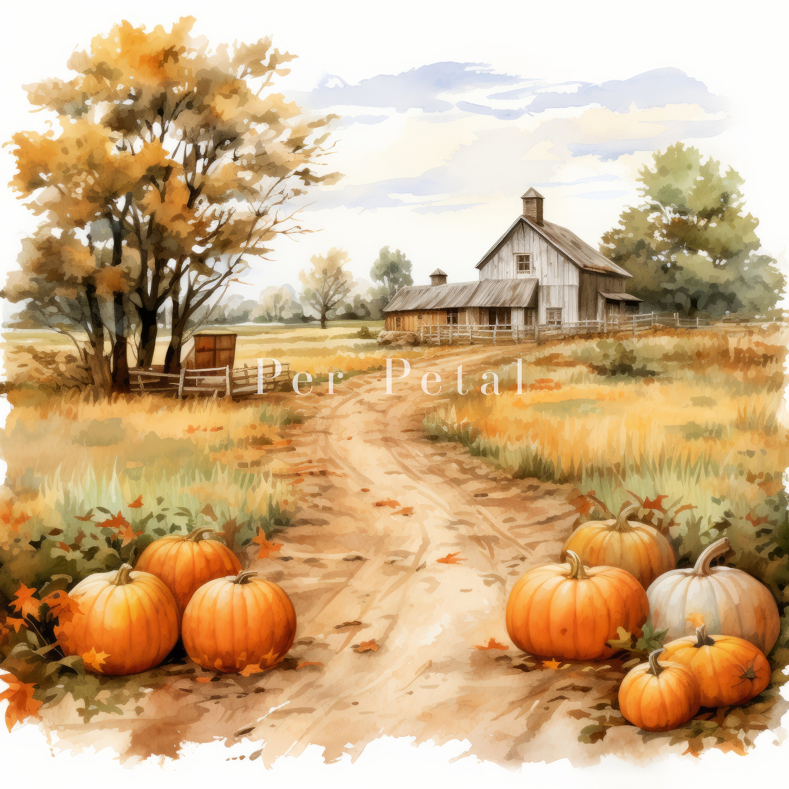9 Watercolor Pumpkin Farm Autumn Clipart Rustic Scene Clipart High ...