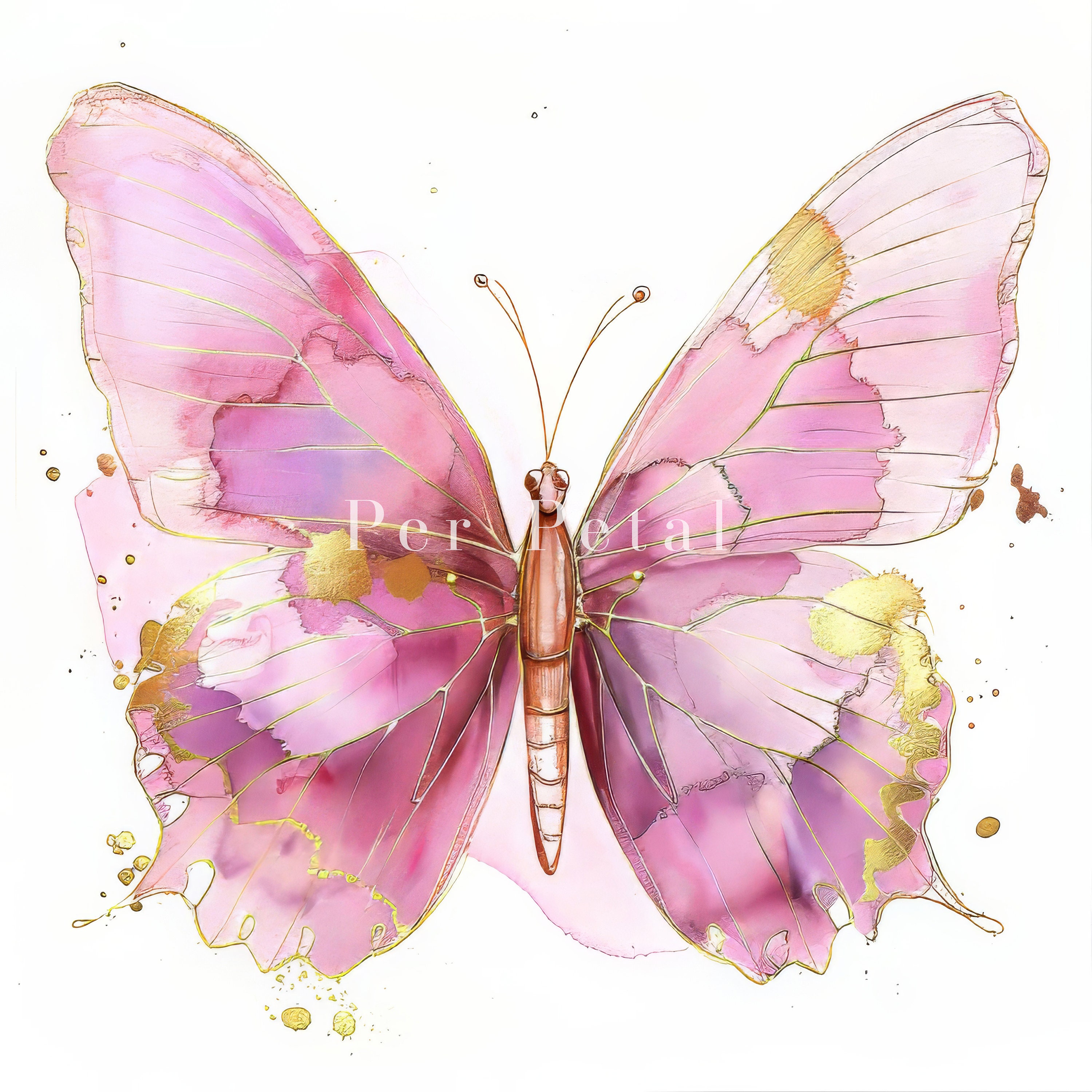 9 Watercolor Golden Butterfly Clipart Card Making Mixed Media Pink and ...