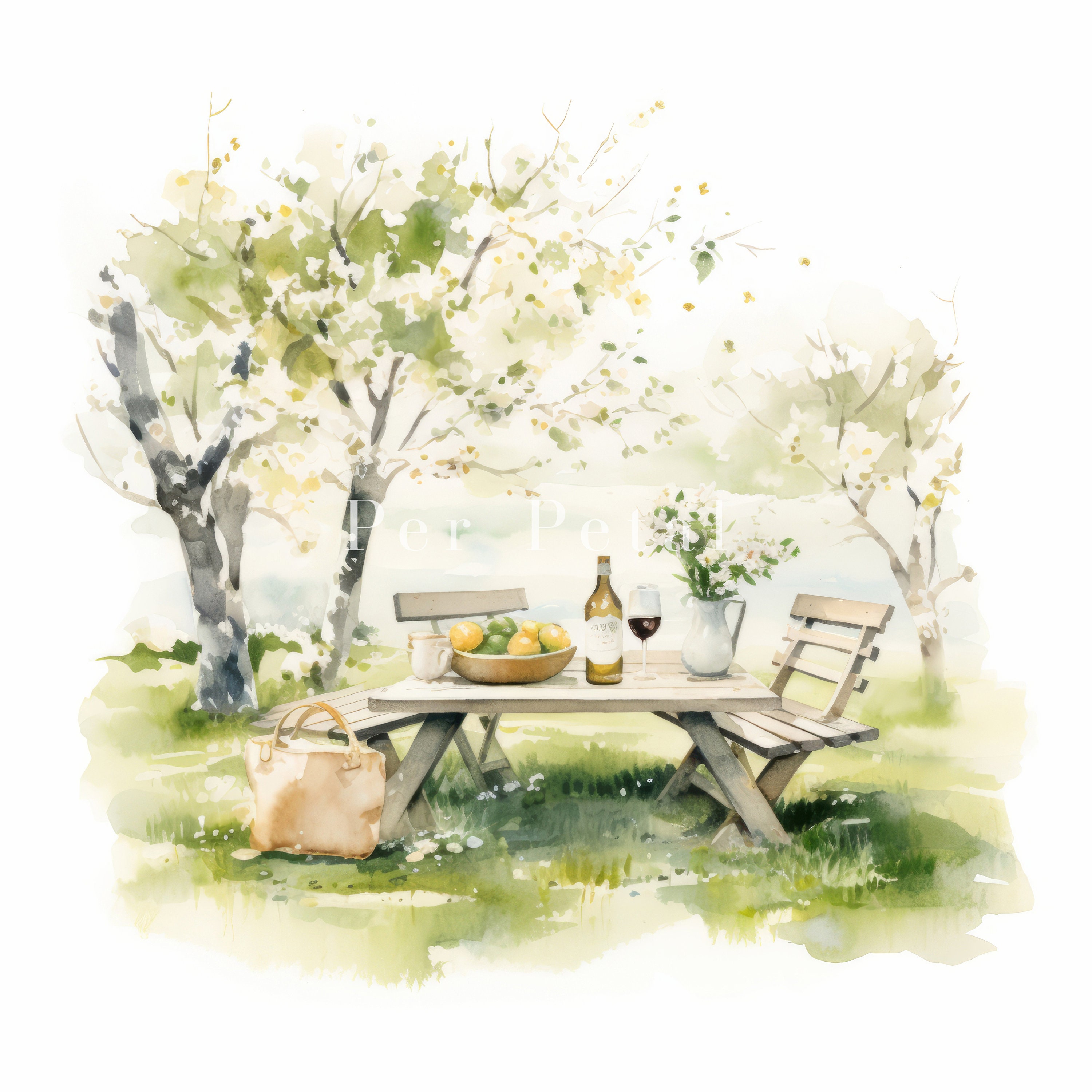 9 Watercolor Spring Picnic Scene Clipart Blooming Trees Clipart Bird ...