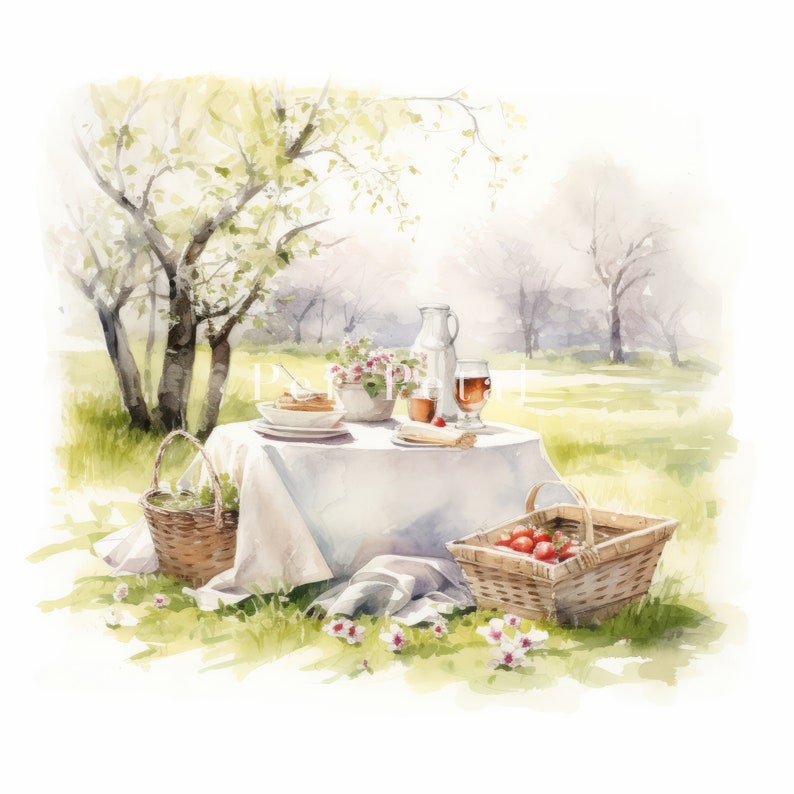 9 Watercolor Spring Picnic Scene Clipart Blooming Trees Clipart Bird ...