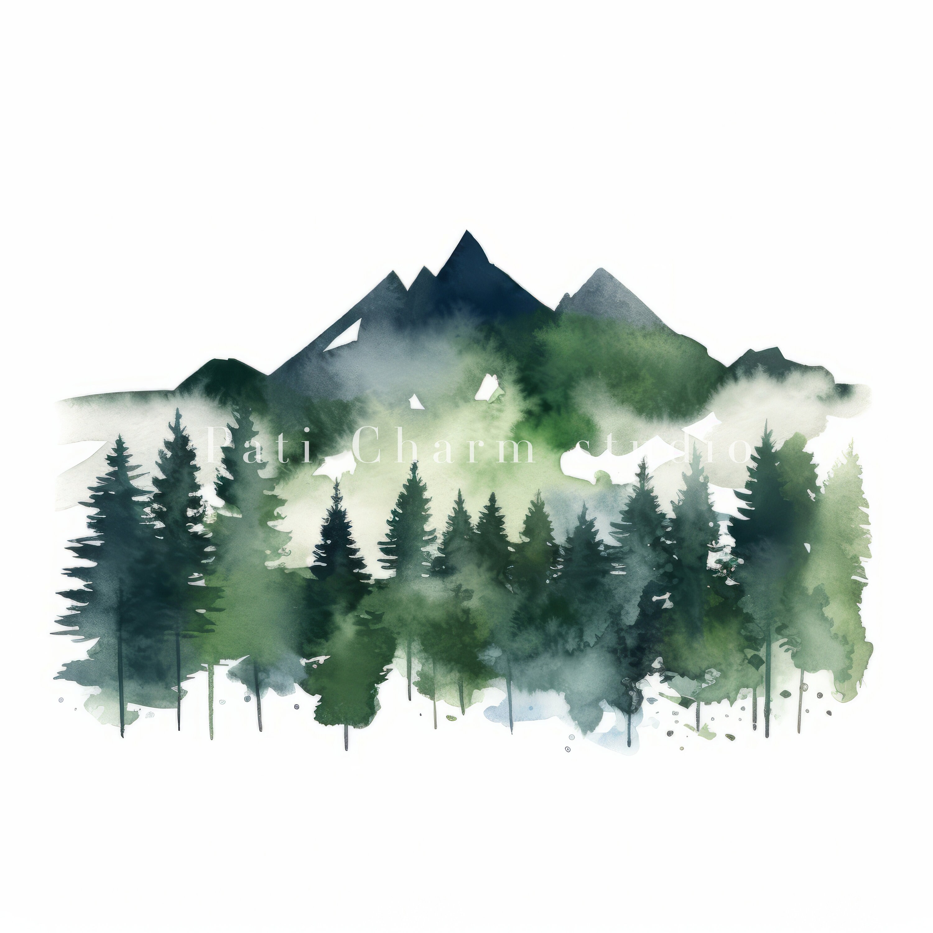 9 Watercolor Mountains Forest Pine Trees Silhouettes Clipart Card ...