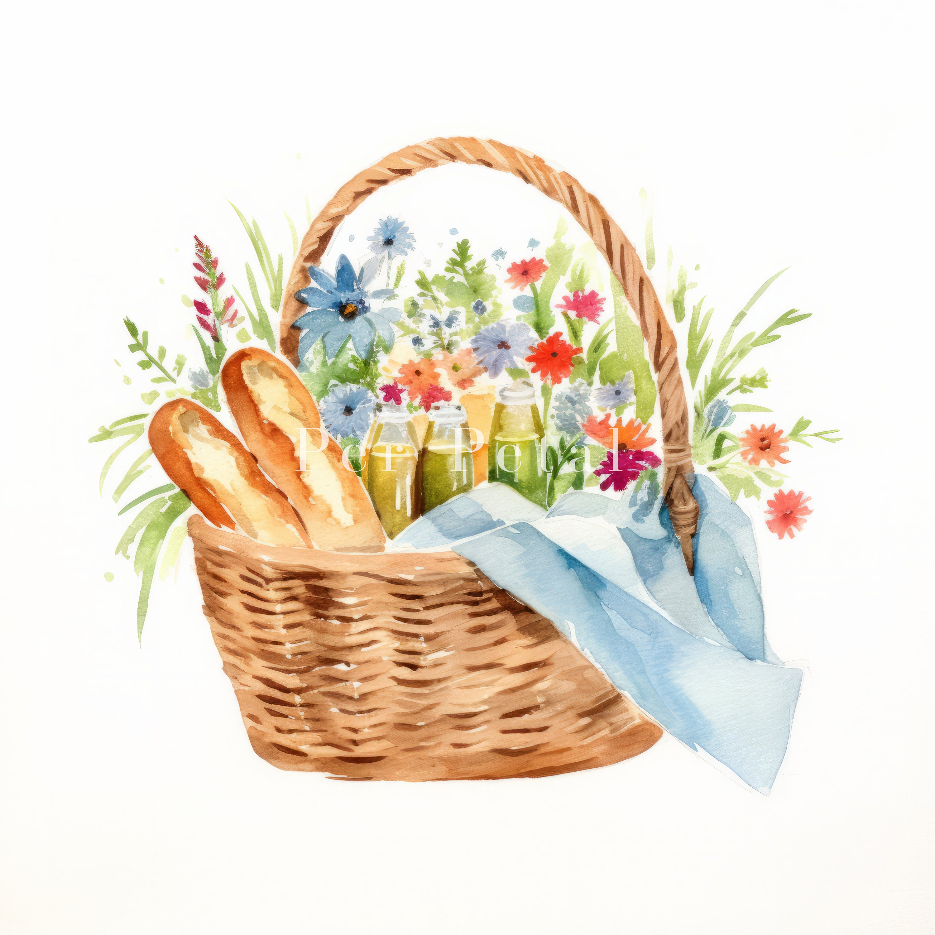 9 Watercolor Picnic Basket Clipart Watercolor Fresh Baguette Clipart ...