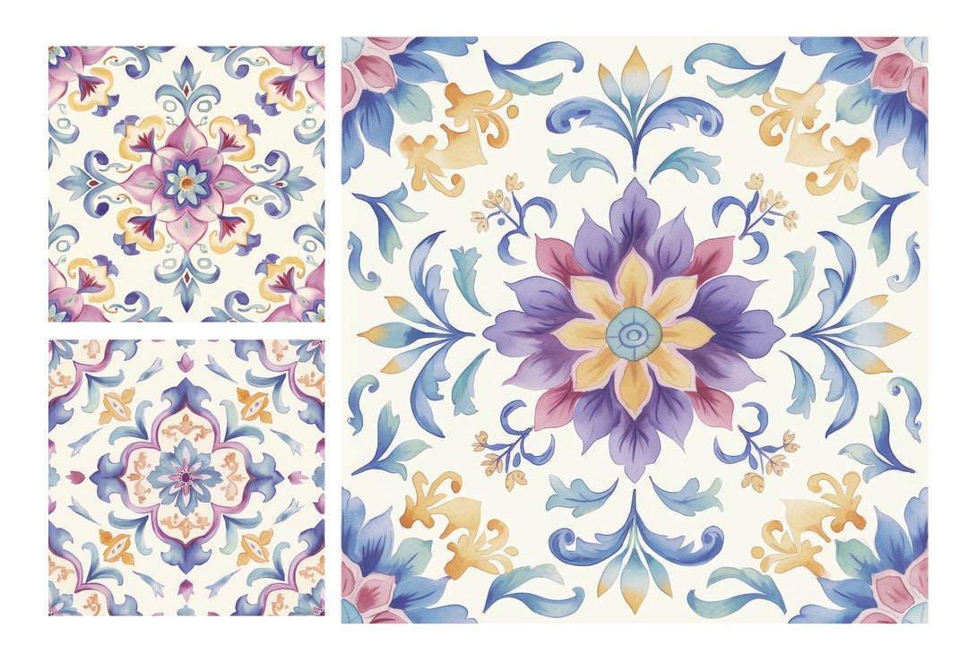 9 Watercolor Mosaic Tile Clipart Moroccan Tile Printable Watercolor ...