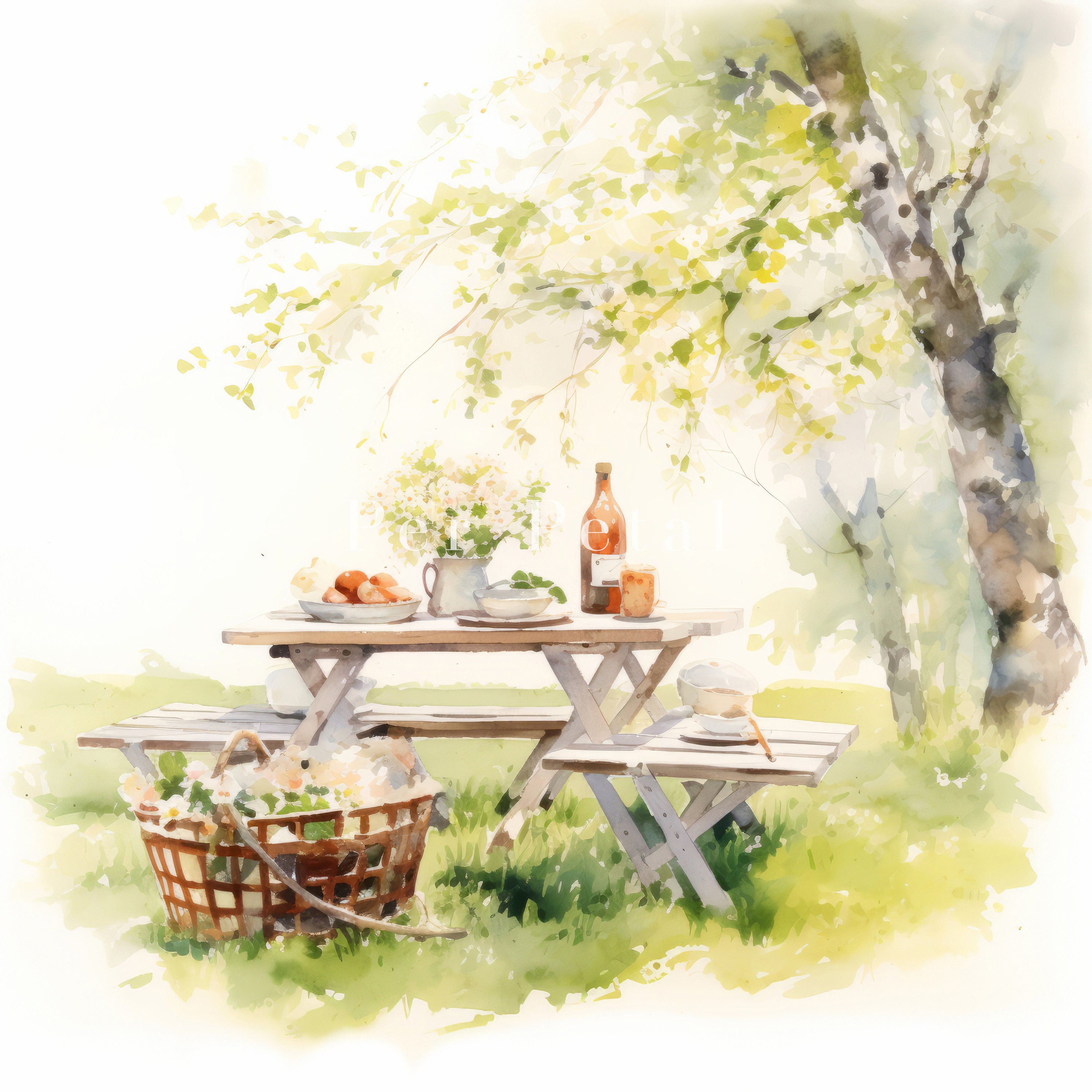 9 Watercolor Spring Picnic Scene Clipart Blooming Trees Clipart Bird ...