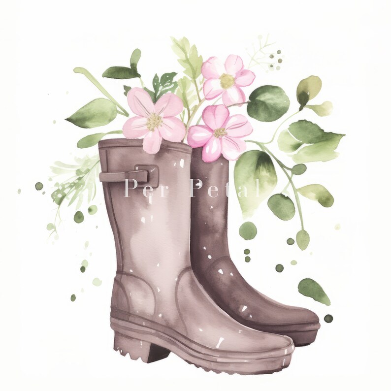 9 Watercolor Spring Clipart Flowers in Boots Clipart Watercolor Rain ...