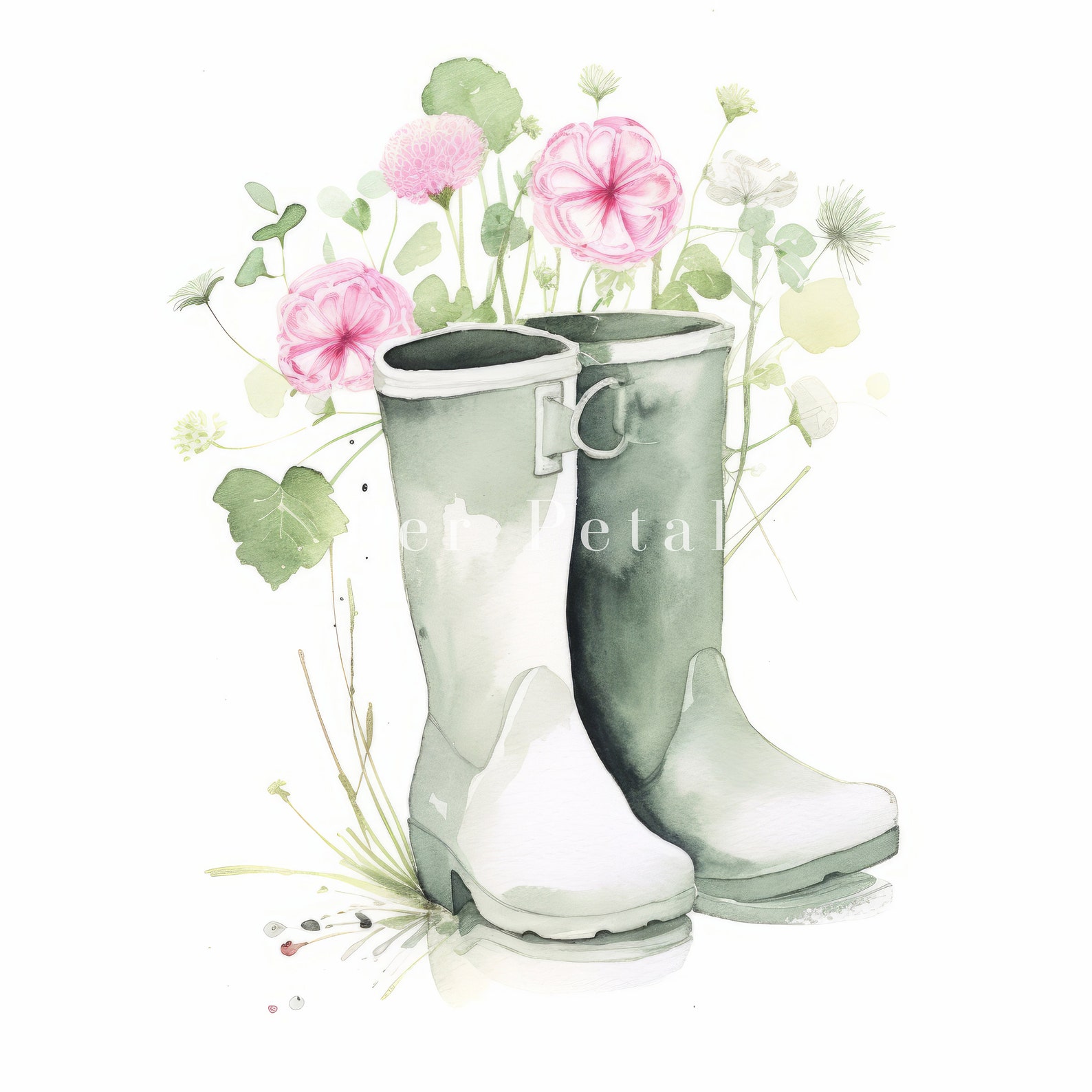 9 Watercolor Spring Clipart Flowers in Boots Clipart Watercolor Rain ...