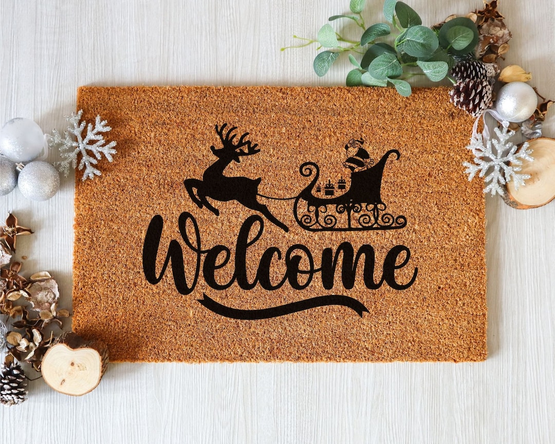 Christmas Doormat, Santas Sleigh and Reindeer, Christmas Welcome Mat ...