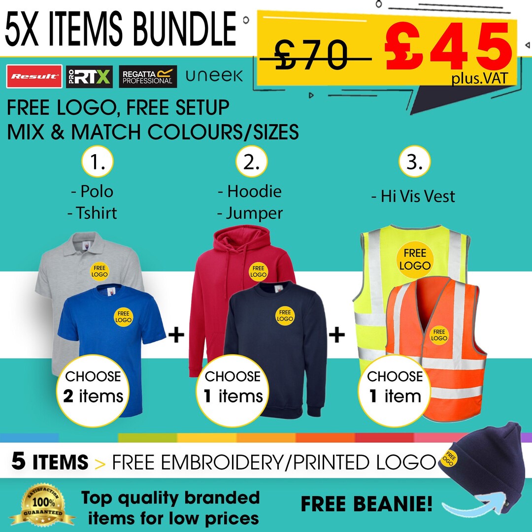 Workwear Bundle of 5 Items, Personalised 5 Products With Embroidery or ...
