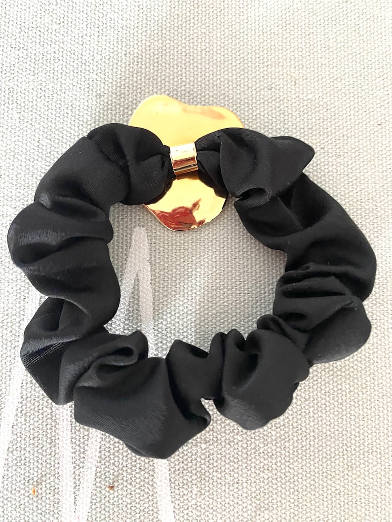 Gold Metal Accent Black Satin Scrunchie: Elegant Korean Style - Etsy