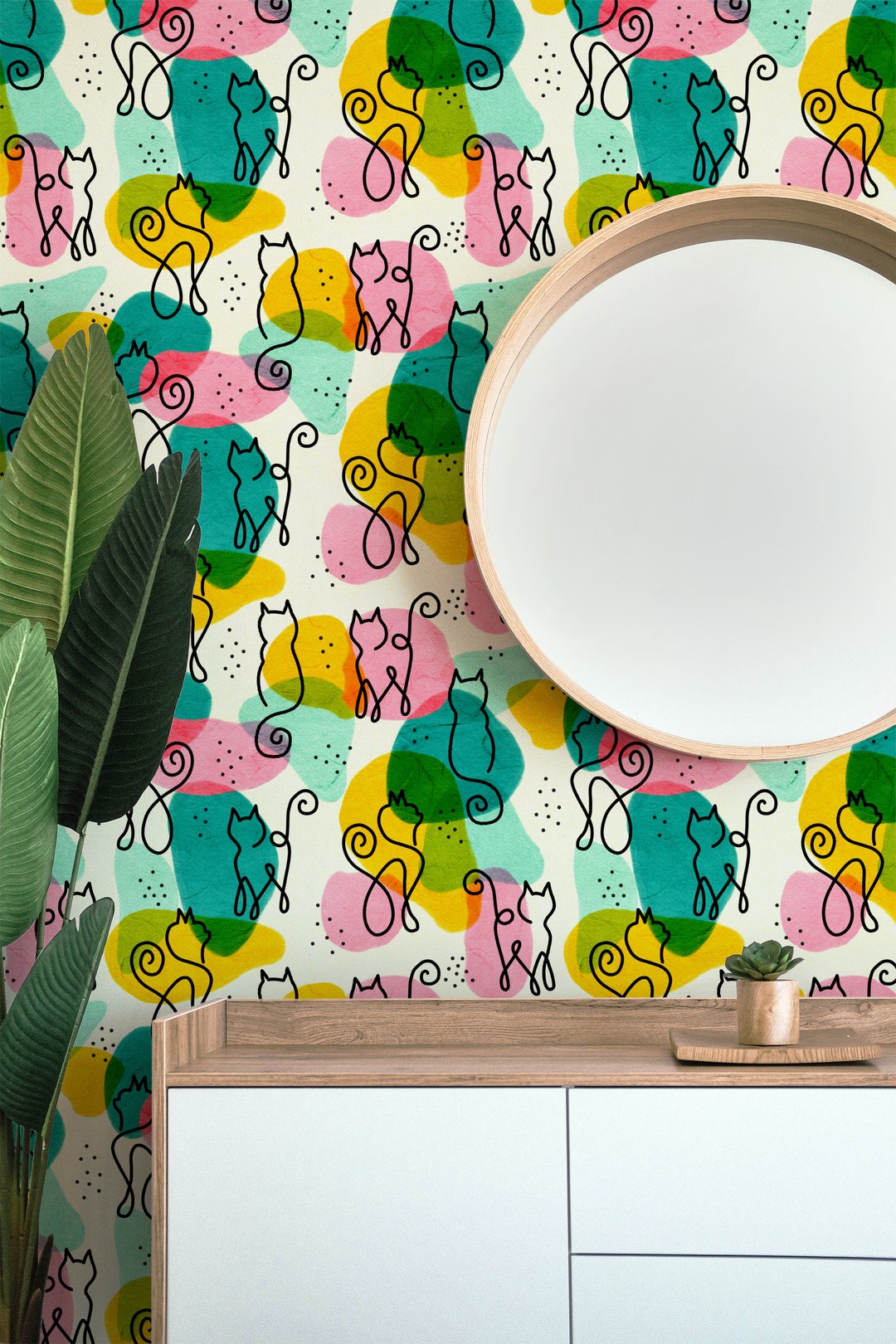 Line Art Cats Wallpaper, Mod Art Wallpaper, One Line Drawing ...