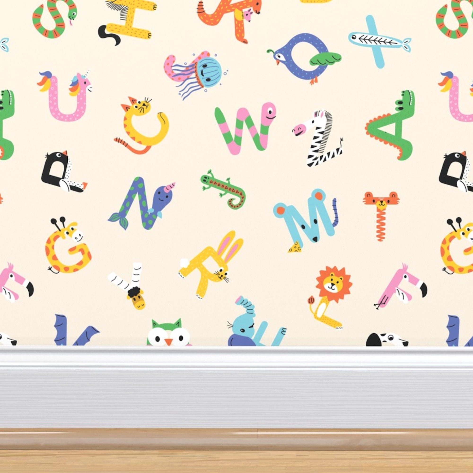 Nursery Wallpaper, ABC Animals, Alphabet Wallpaper, Cartoon Animal ...