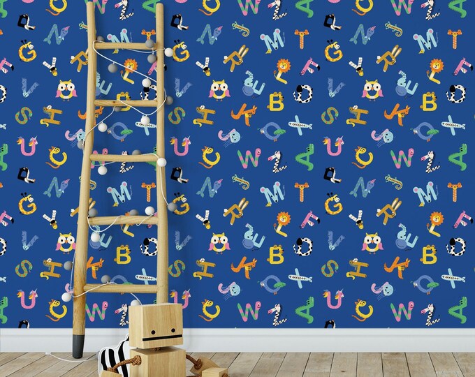 Alphabet Wallpaper for Kids, Abc Nursery Wallpaper Blue, Kids Playroom ...