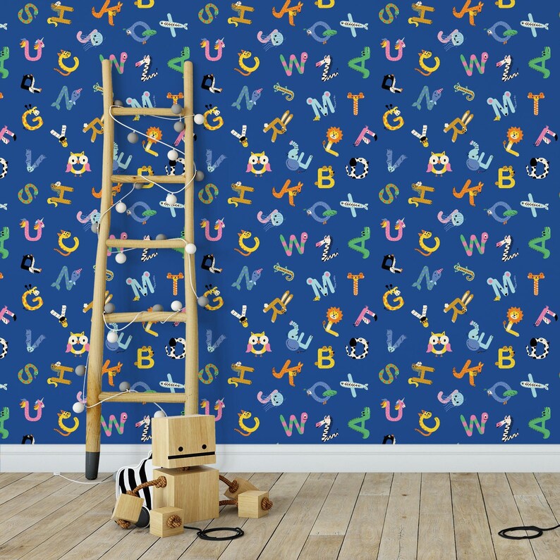 Alphabet Wallpaper for Kids, Abc Nursery Wallpaper Blue, Kids Playroom ...