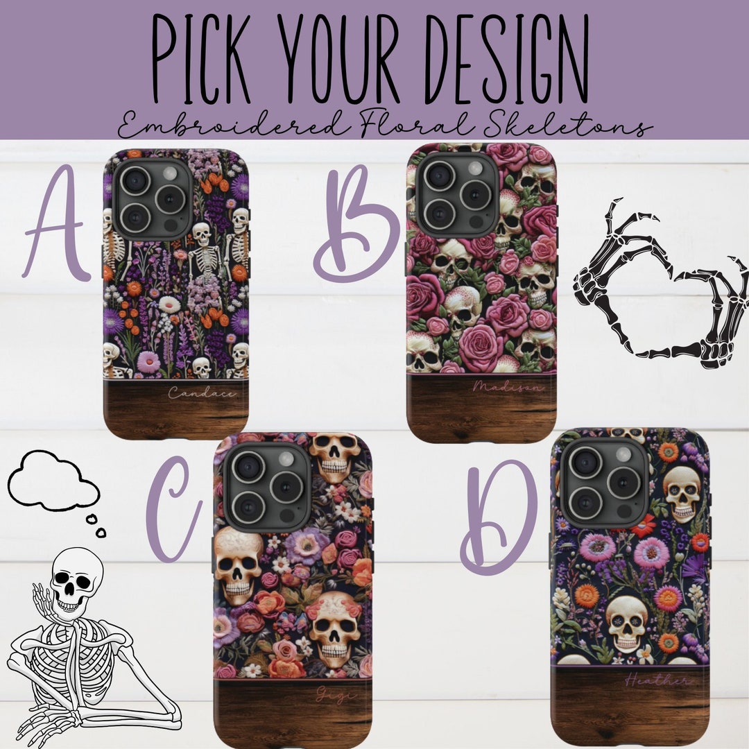 Embroidered 3D Floral Skeleton Phone Case Personalized Name - Etsy