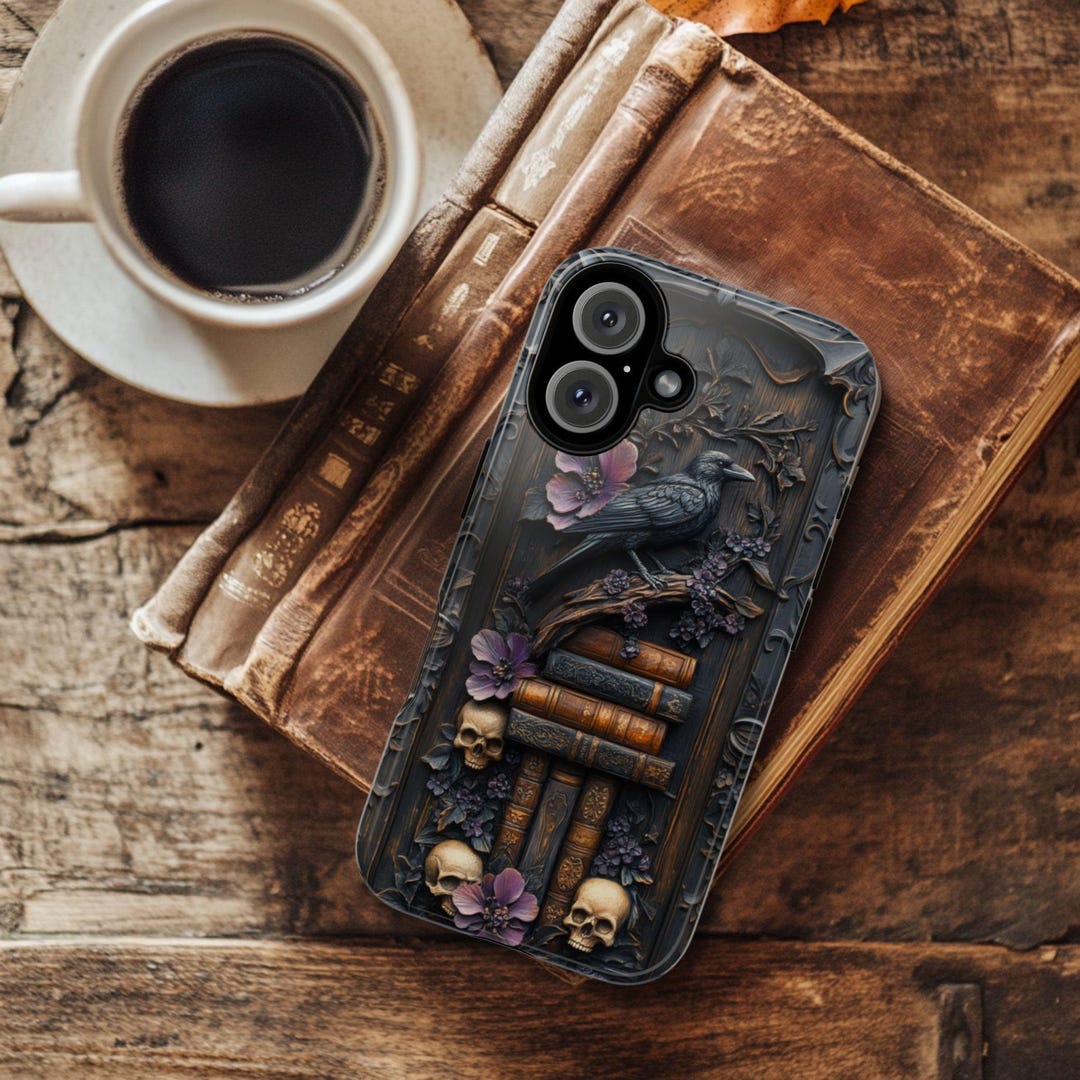 Dark Fantasy Book Phone Case, Gothic Raven Skulls Bookshelf, iPhone 14 ...
