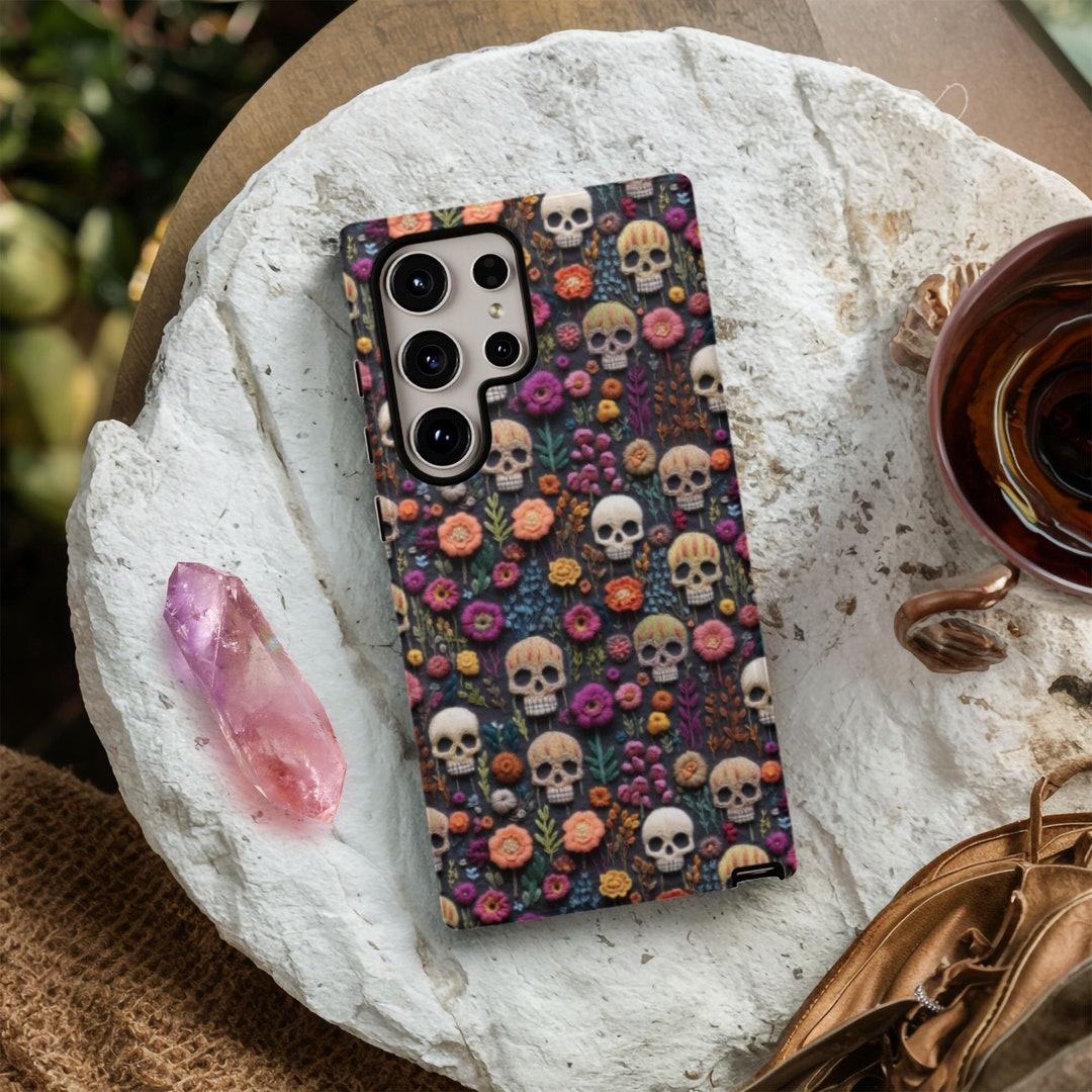 Faux Embroidery Felt Skeleton Floral Phone Case, Dark Academia Skulls ...